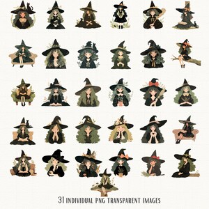 Green Hair Witch Digital Stickers, Adorable Witch Clipart, Journaling ...