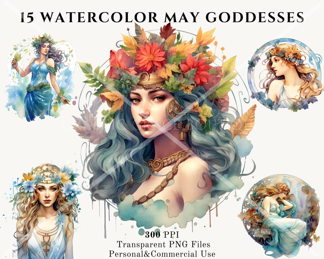 Watercolor May Goddess Clipart Bundle: Floral PNG Images (commercial ...