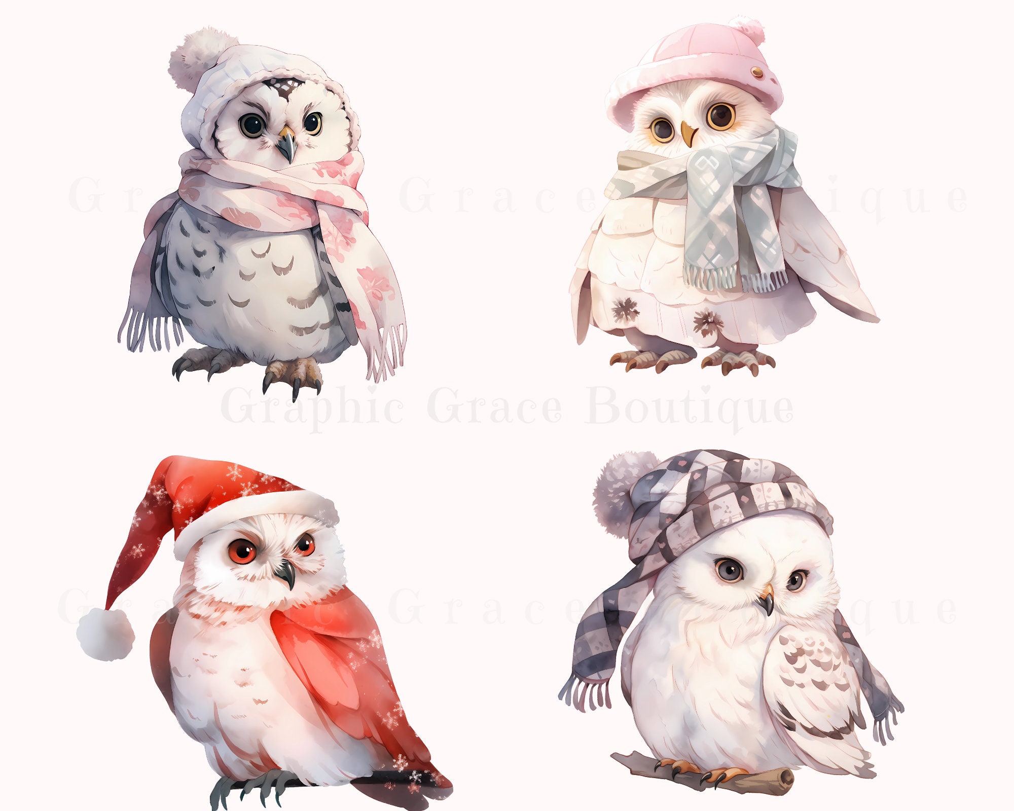 Watercolor Christmas White Owl Clipart Bundle: Cute Owls in Winter ...