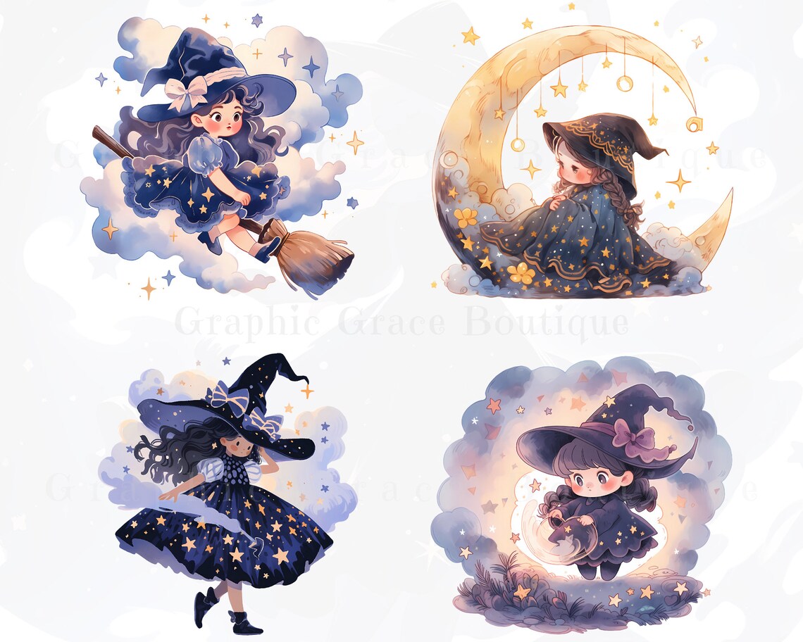 Celestial Witch Clipart Bundle: Watercolor Starry Sky PNG (commercial ...