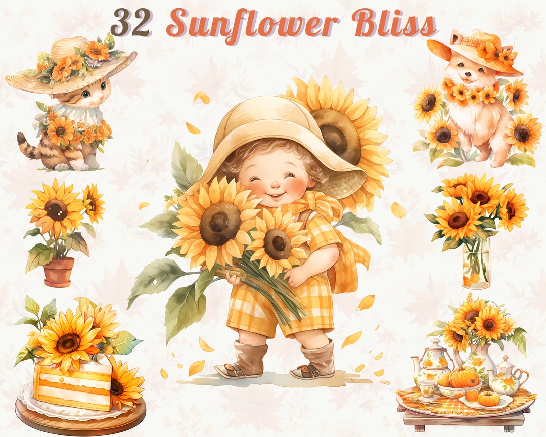 Sunflower Bliss Digital Clipart Bundle: 32 Watercolor-style Animals ...