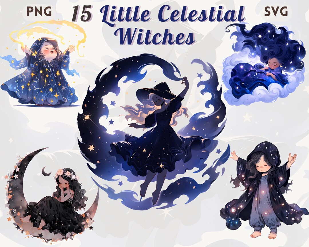 Magical Little Celestial Witch Clipart Bundle - High-quality Watercolor ...