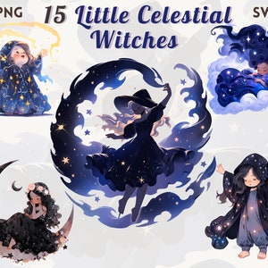 Magical Little Celestial Witch Clipart Bundle - High-quality Watercolor ...