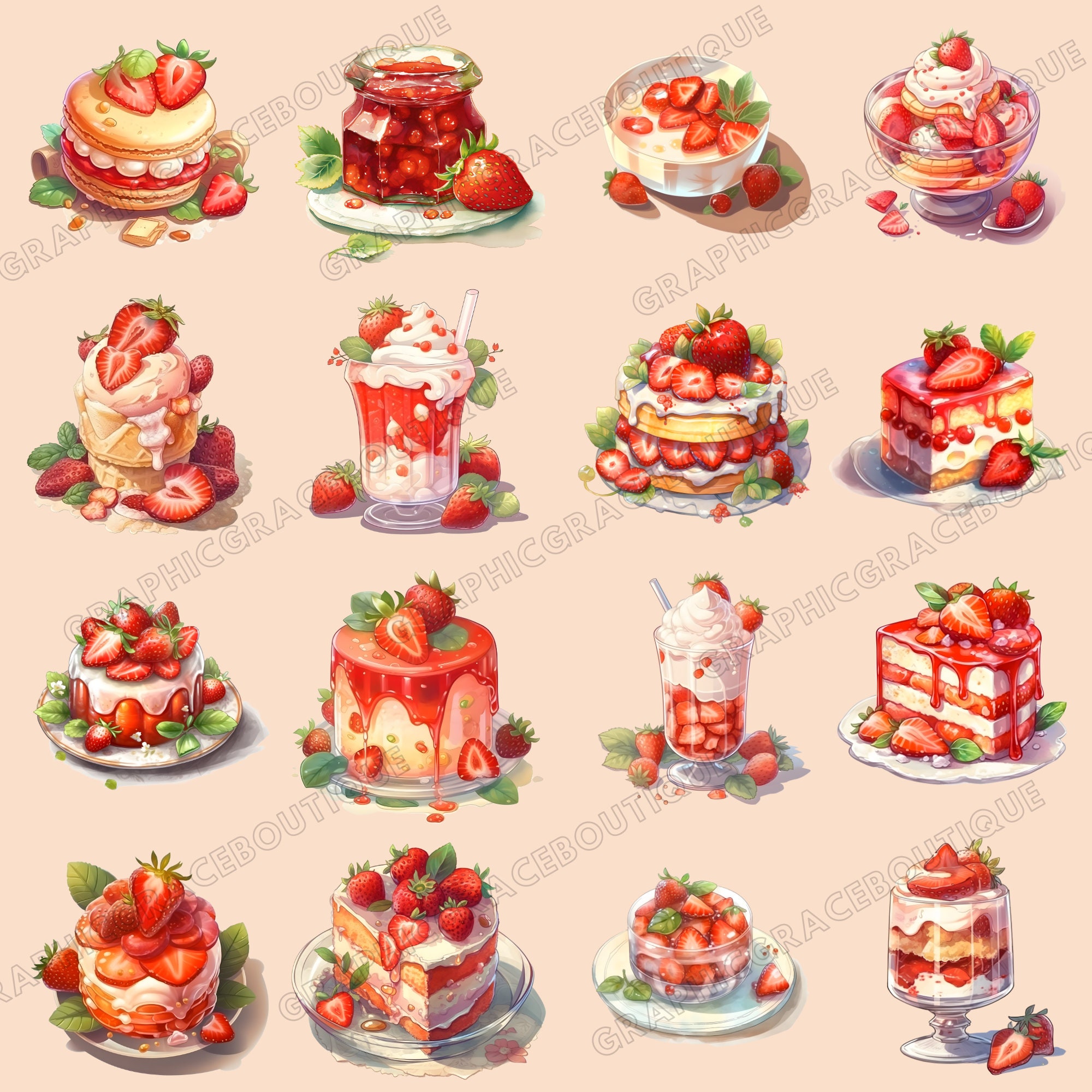 Watercolor Strawberry Dessert Clipart Bundle, Cakes, Ice Cream, Waffles ...