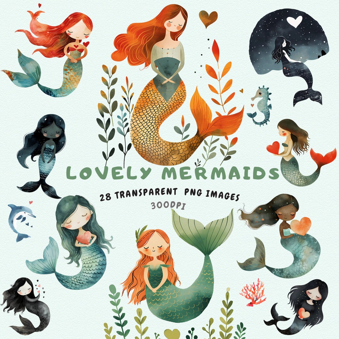 Enchanting Love: Adorable Mermaid Clipart Collection - Whimsical ...