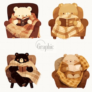 Cozy Reading Bear Clipart: Bookworm PNG Stickers (digital Download) - Etsy