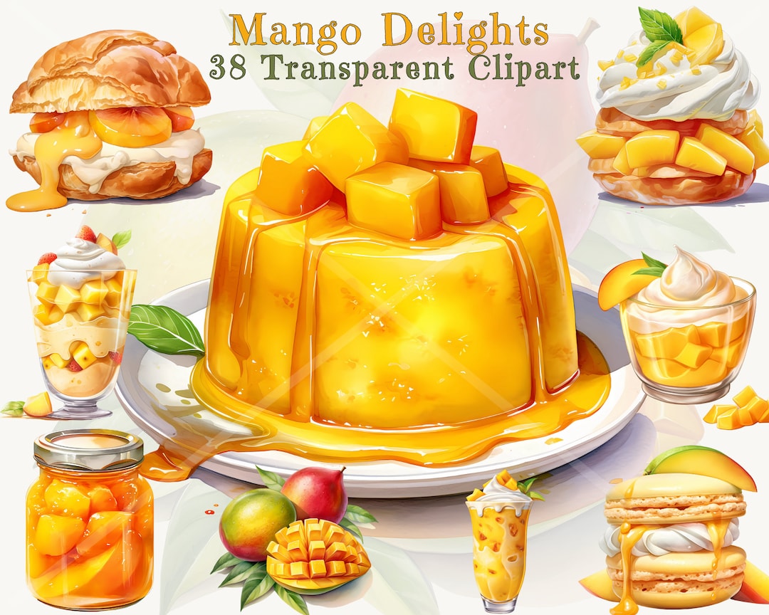 Watercolor Mango Dessert Clipart: Pudding, Cake, Ice Cream (PNG Images ...