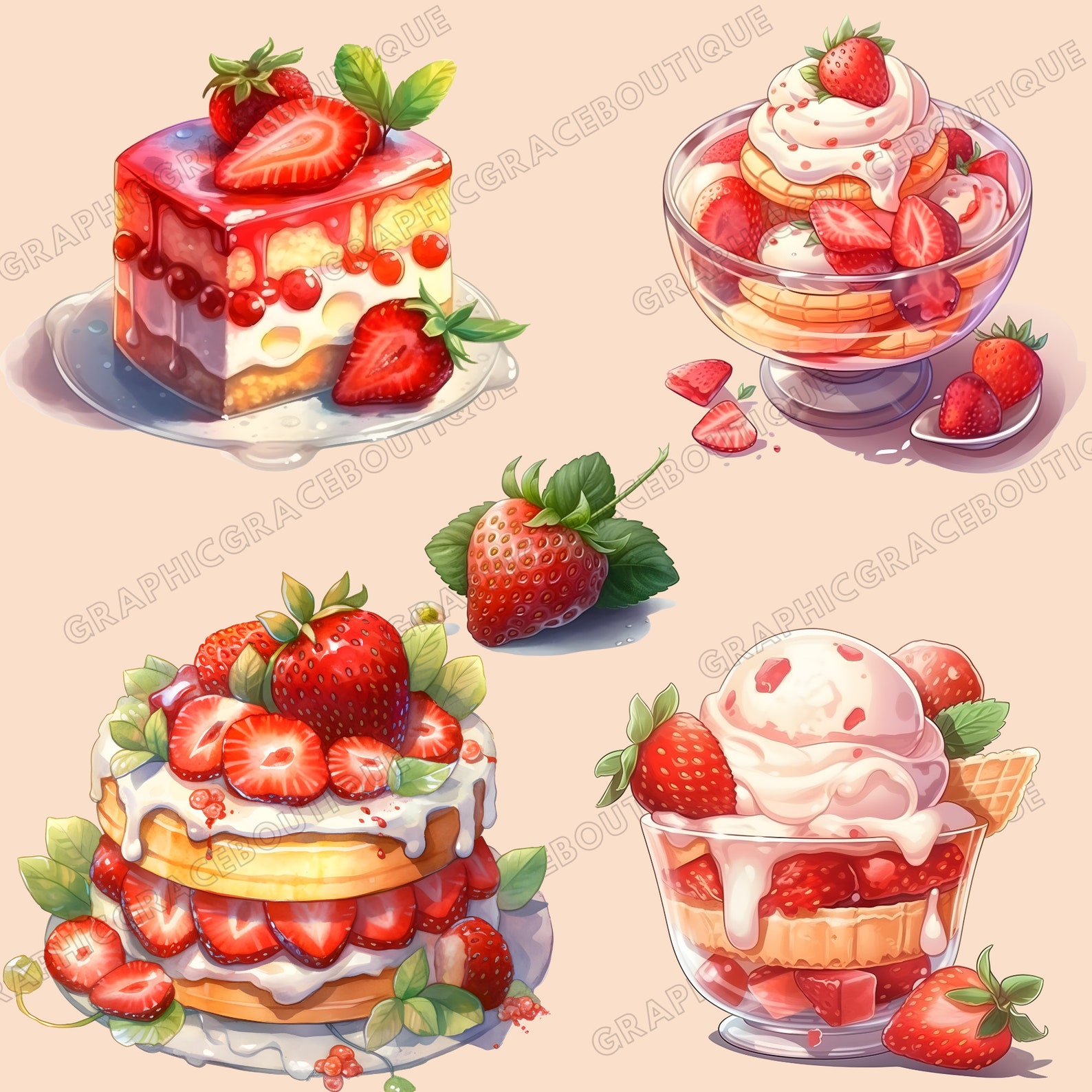 Watercolor Strawberry Dessert Clipart Bundle, Cakes, Ice Cream, Waffles ...