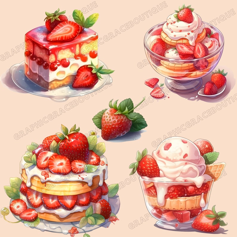 Watercolor Strawberry Dessert Clipart Bundle, Cakes, Ice Cream, Waffles ...