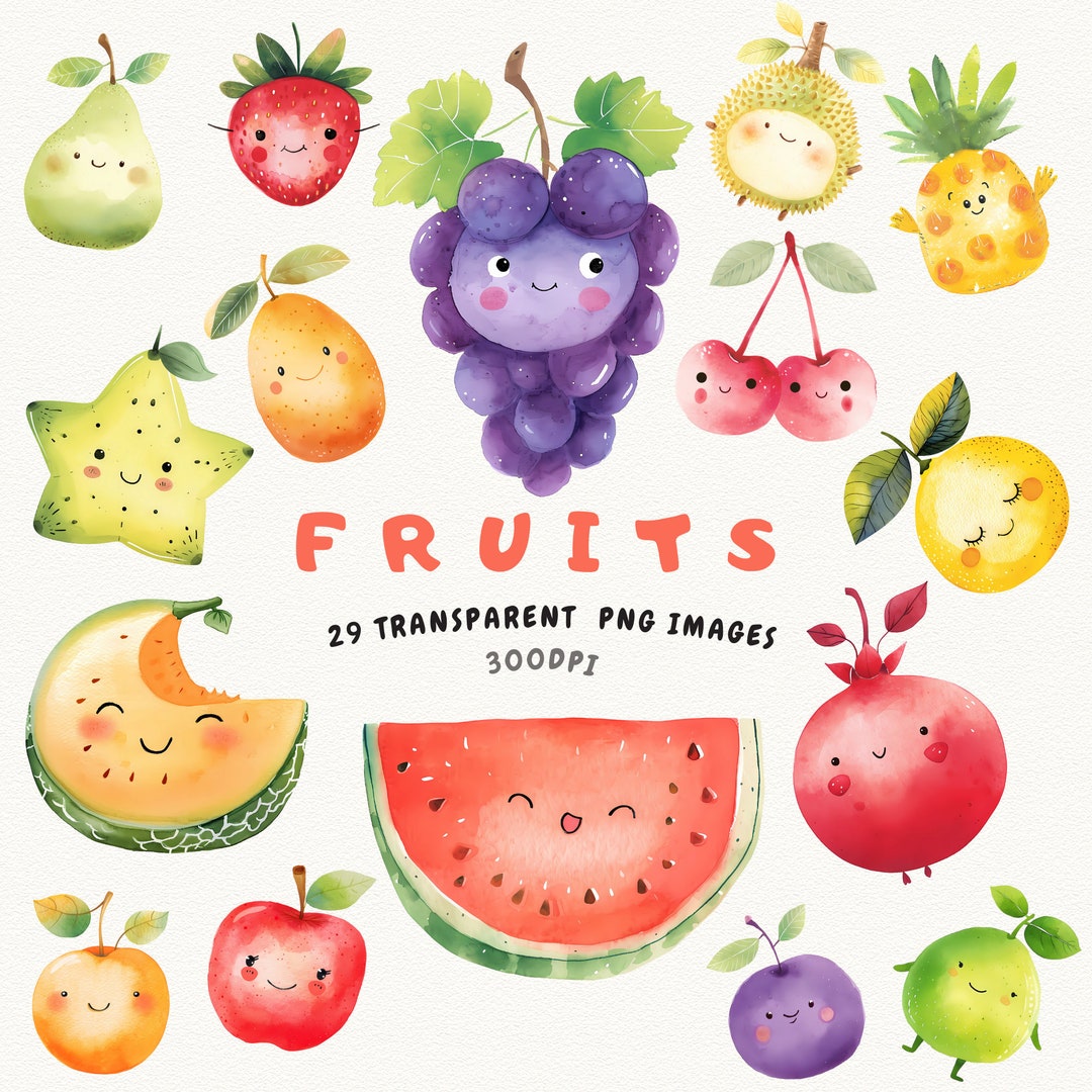 Watercolor Fruits Clipart: Cute Fruit Designs (PNG, 300 DPI) - Etsy