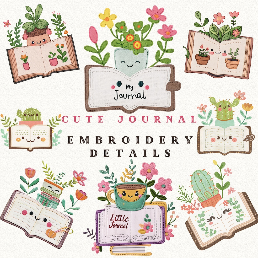 Little Cute Floral Journal Clipart Embroidery Details, PNG Graphics ...