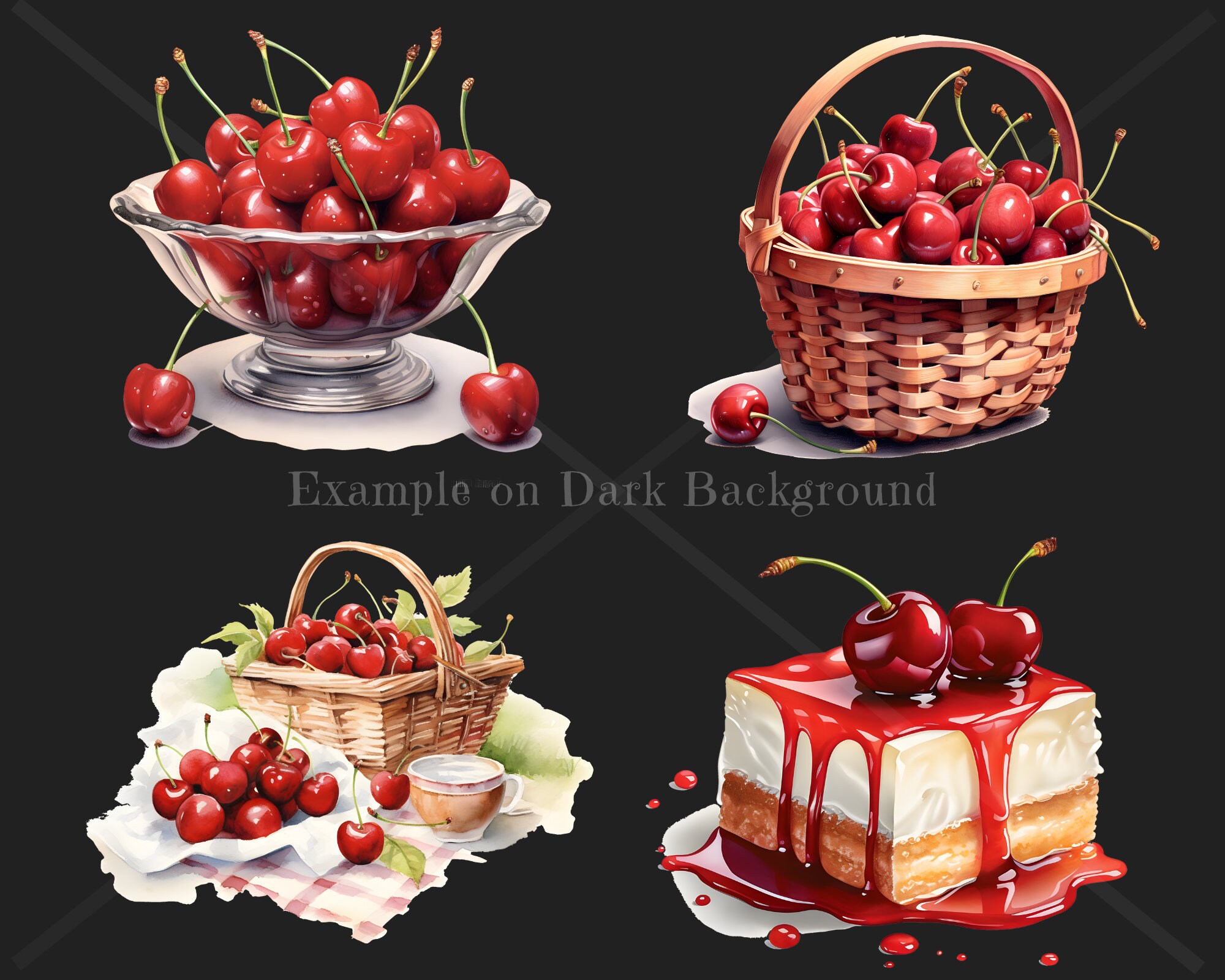 Watercolor Cherry Clipart Bundle: PNG Images of Fresh - Etsy