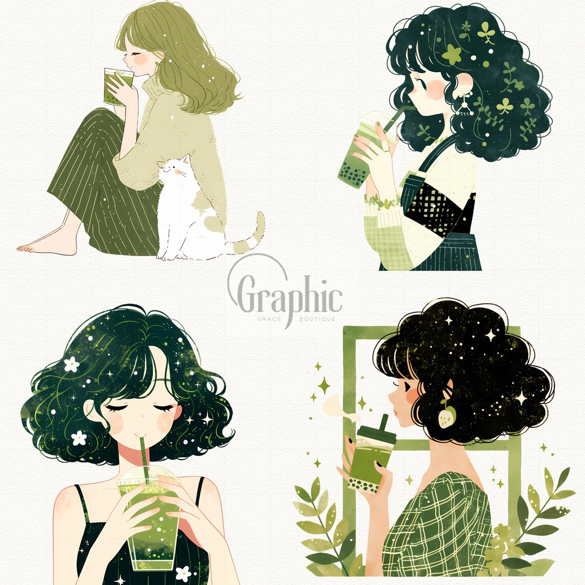 Matcha Girl Clipart Stickers – Cozy Anime Matcha Drinking Girl PNG ...