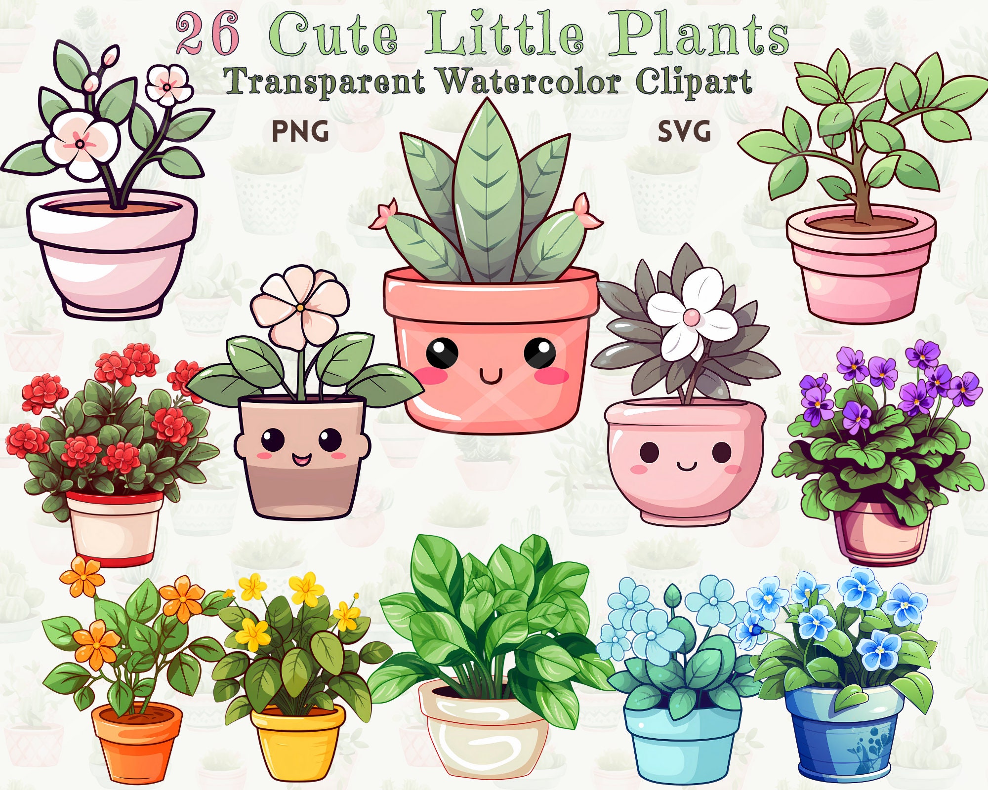 Cute Potted House Plants Clipart Bundle Watercolor and Cartoon Style ...