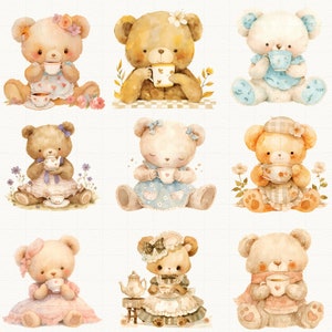 Watercolor Tea Time Teddy Bear Clipart, Pastel Nursery Teddy Bear ...