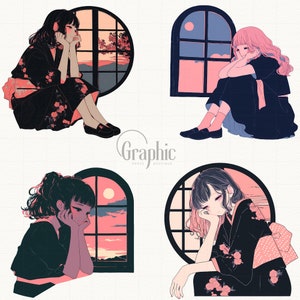 Nostalgic Window Girls Digital Stickers, Thinking of You Png ...