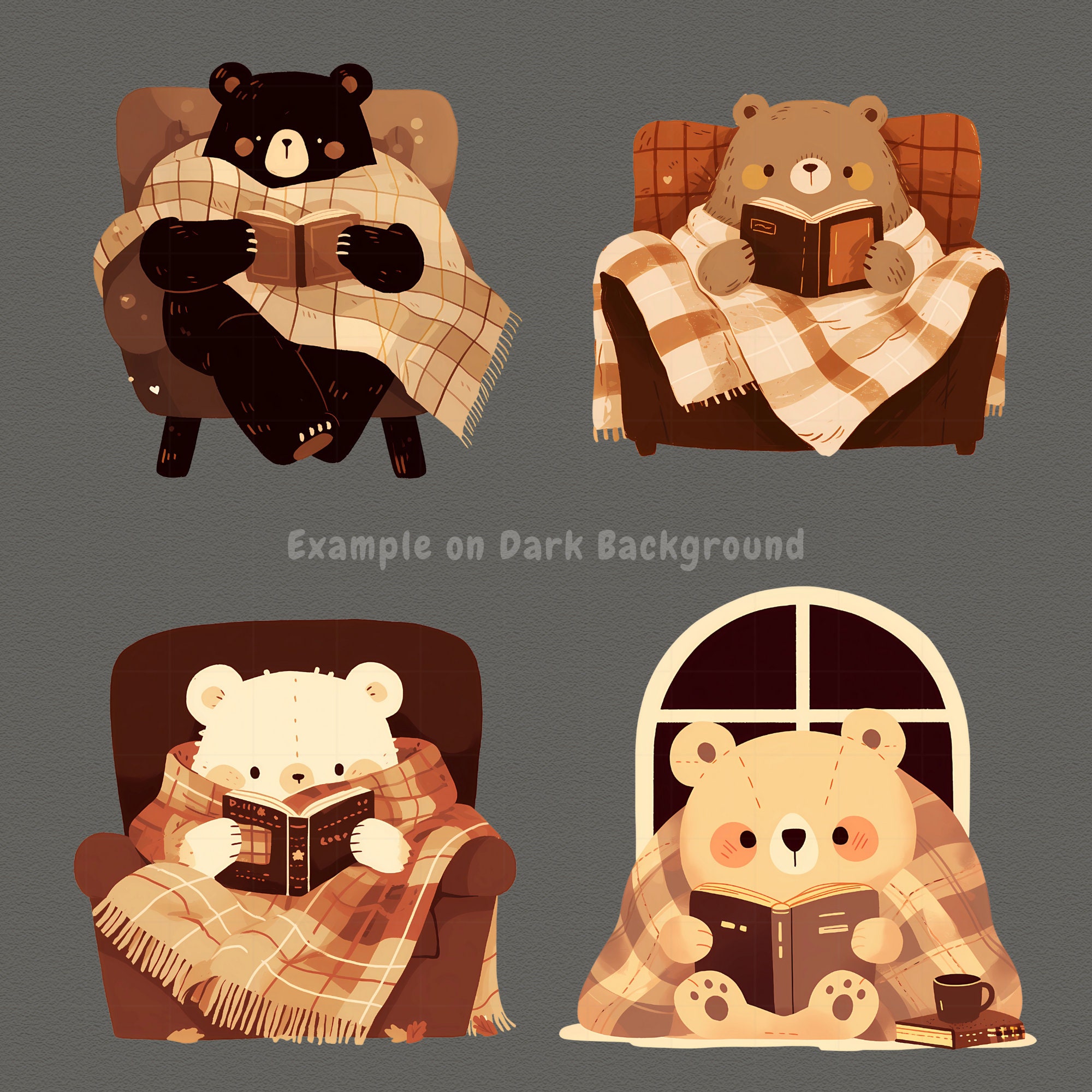 Cozy Reading Bear Clipart: Bookworm PNG Stickers (digital Download) - Etsy