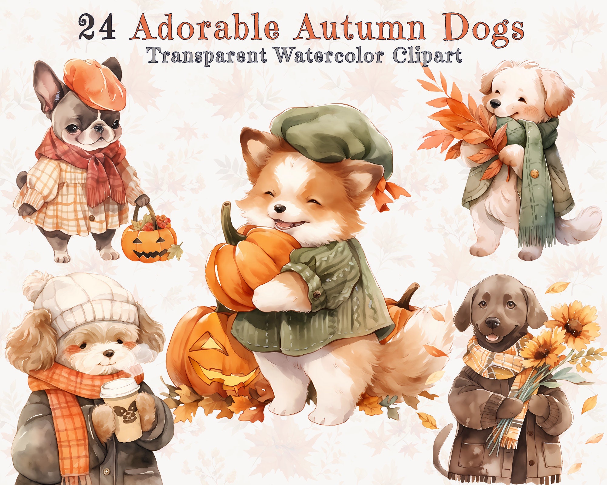 Watercolor Autumn Dogs Clipart: Cute Dogs in Fall Outfits - Etsy