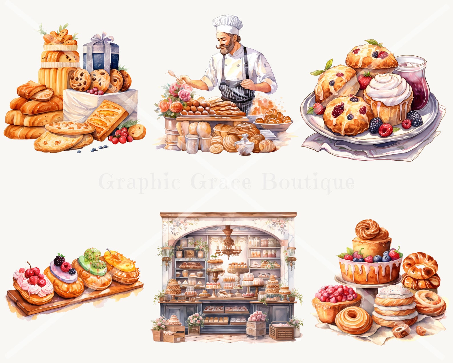 Sweet Bakery Clipart Bundle watercolor Pastries, Croissants, Baguettes ...