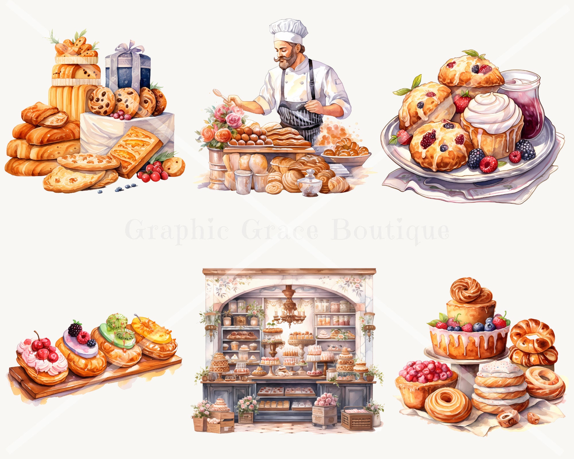 Sweet Bakery Clipart Bundle watercolor Pastries, Croissants, Baguettes ...