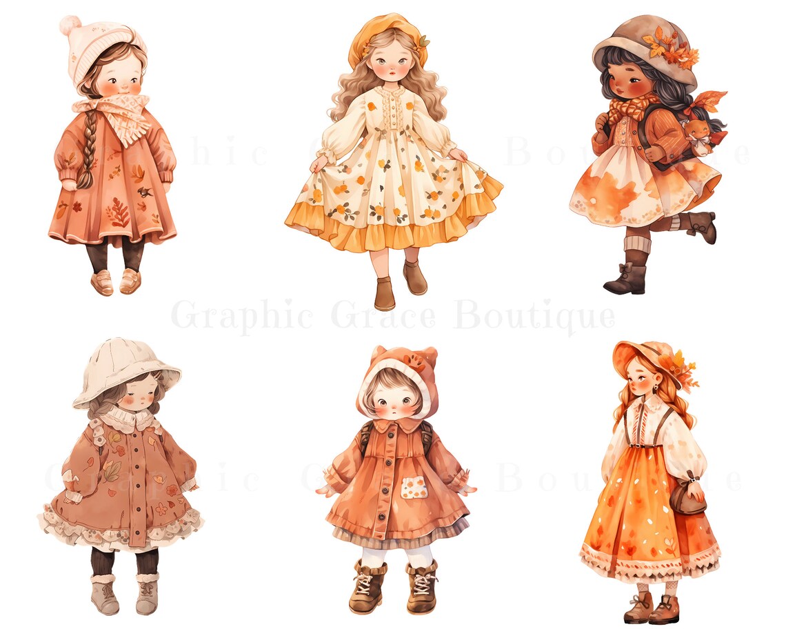 Autumn Girl Clipart Watercolor Cute Girls Wearing Autumn - Etsy