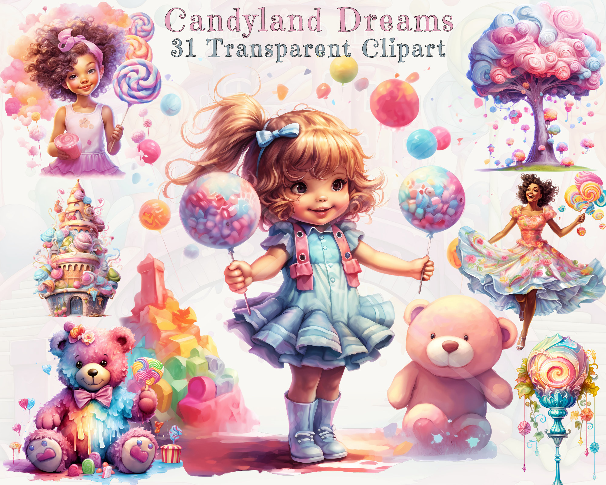 Premium Candyland Clipart Cute Girls, Candy Houses, Lollipops, Candy ...