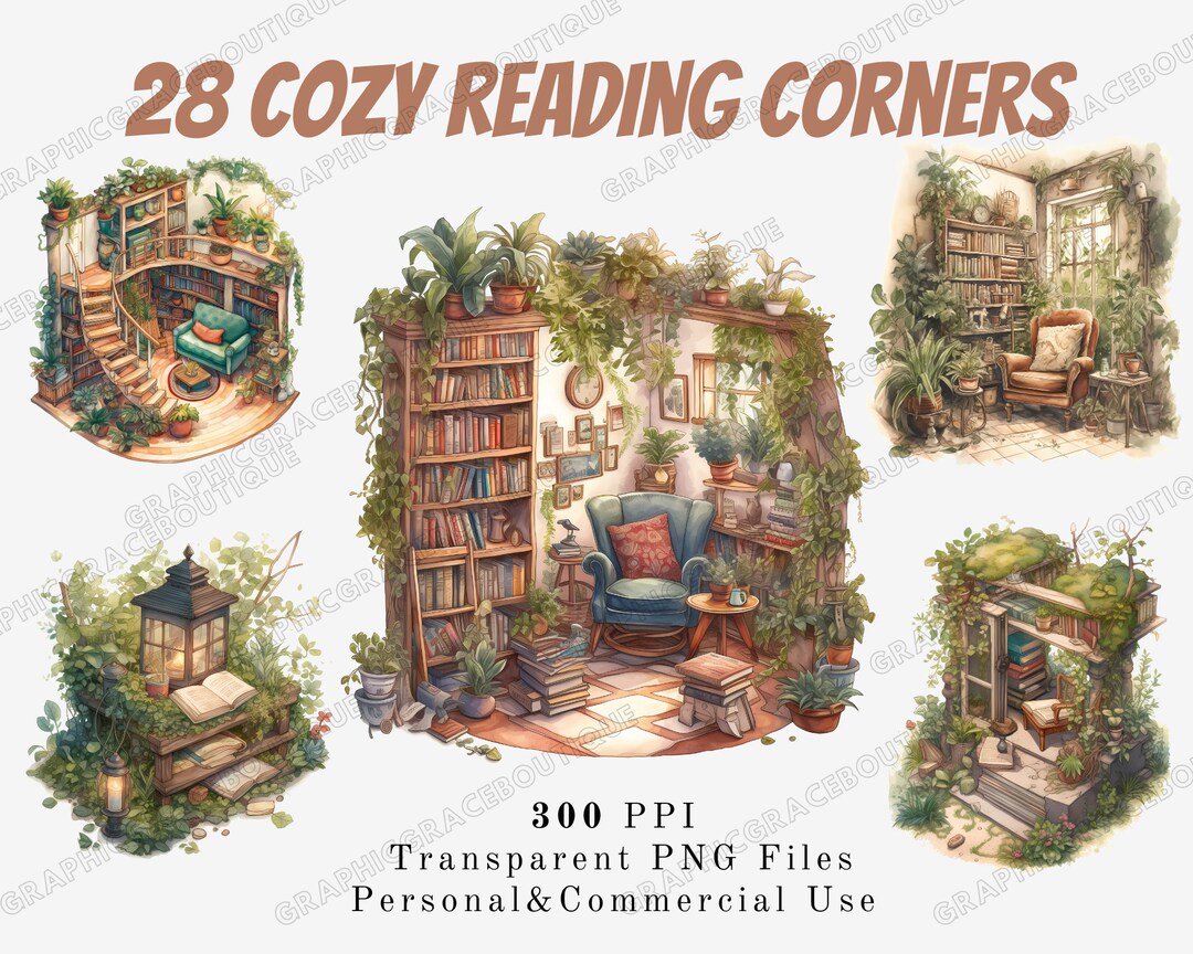 Cozy Reading Corners Watercolor Digital Clipart Bundle, Nooks and ...