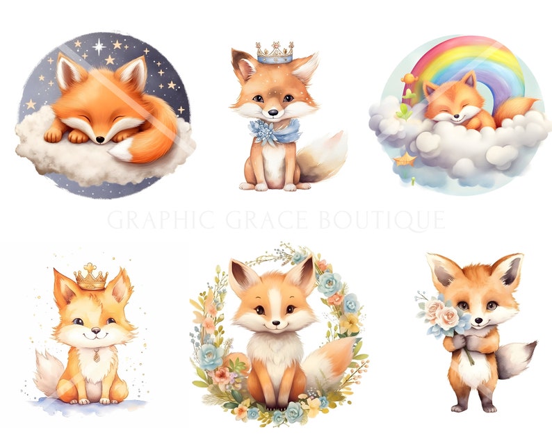 Adorable Foxes Watercolor Clipart Bundle - PNG Images of Cute Baby ...