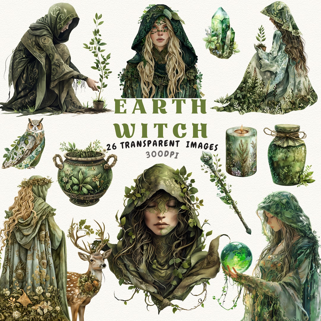 Earth Witch Watercolor Clipart Bundle: Green Herbal Art (PNG, Instant ...