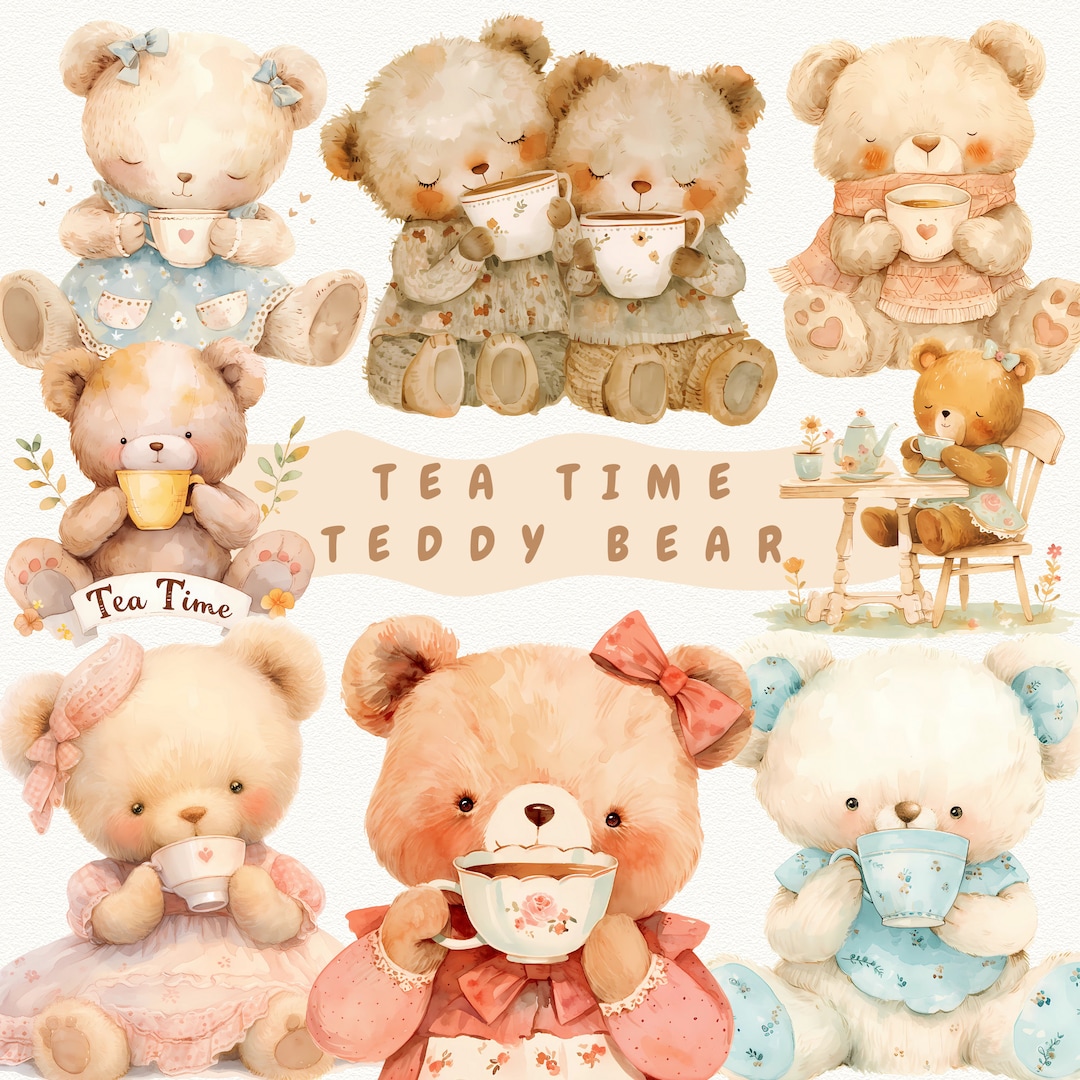 Watercolor Tea Time Teddy Bear Clipart, Pastel Nursery Teddy Bear ...