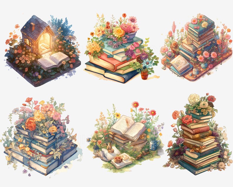 Watercolor Floral Books Digital Clipart Bundle PNG Images - Etsy
