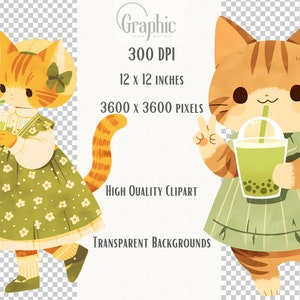 Cute Matcha Cat Digital Stickers, Cozy Green Drink Clipart Journaling ...