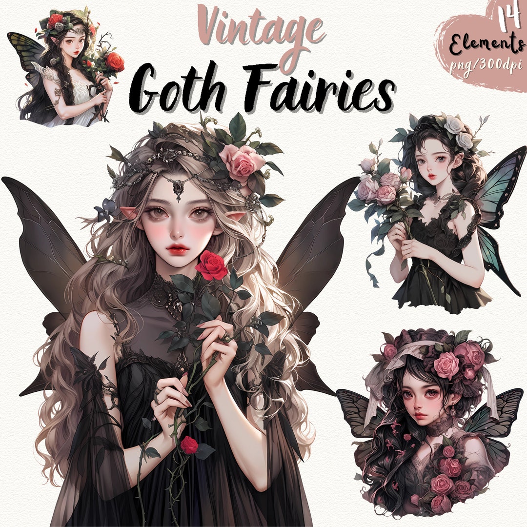 Goth Fairy Clipart Bundle: Vintage Watercolor PNG Portraits (instant ...