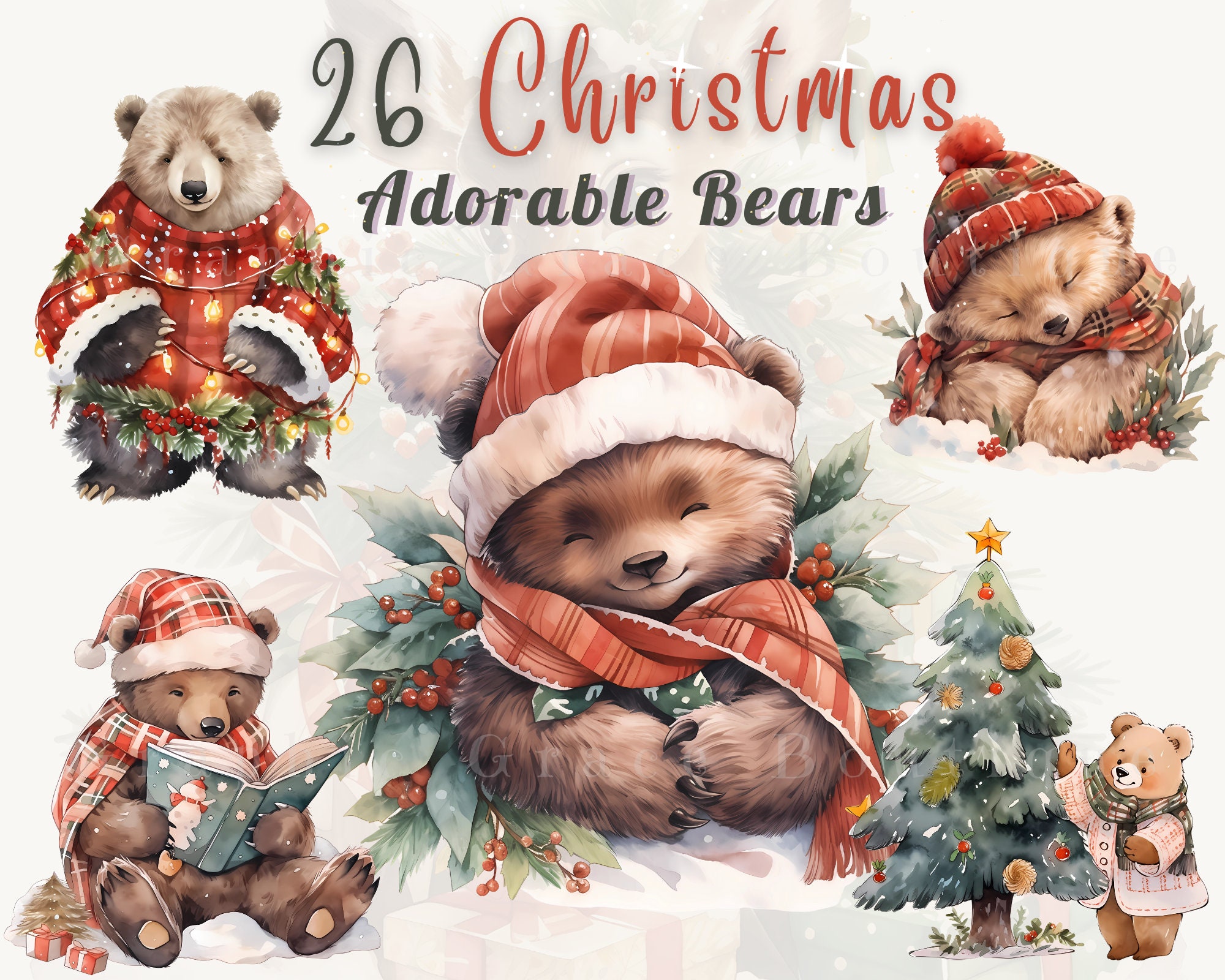 Watercolor Christmas Bears Clipart Bundle: Cute Bears in Winter ...