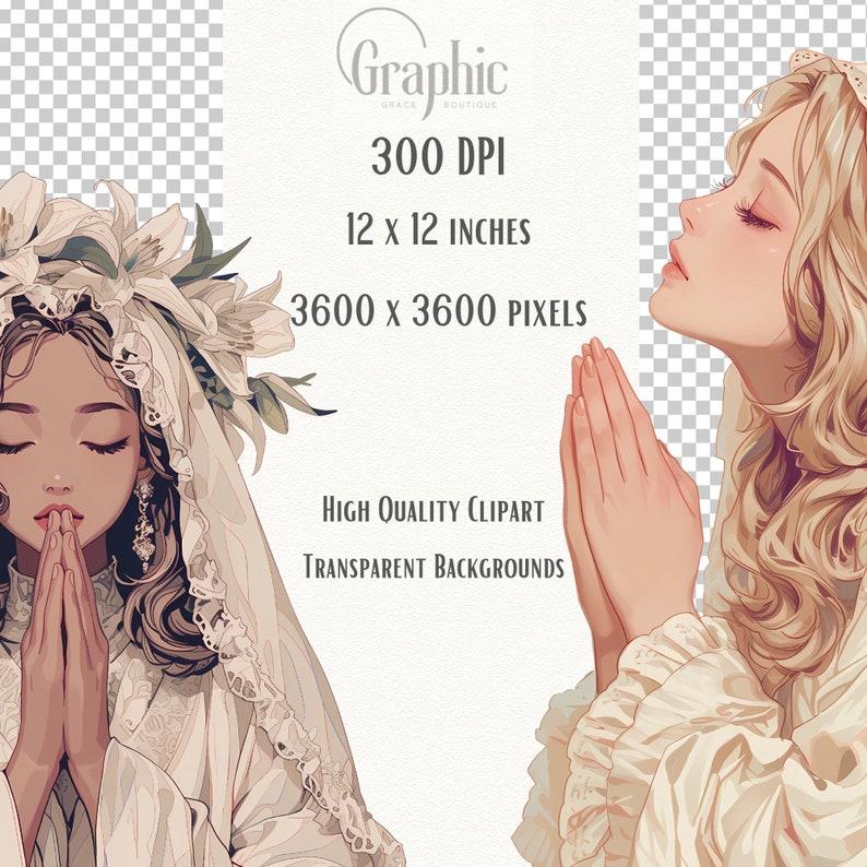 Praying Women Clipart: Religious Stickers, Whimsical Cartoon PNG ...