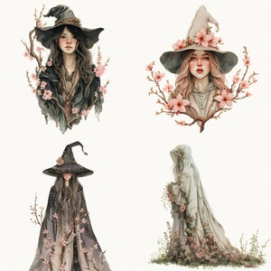 Watercolor Spring Witch Clipart Bundle - Floral Magic, Sakura Blooms ...