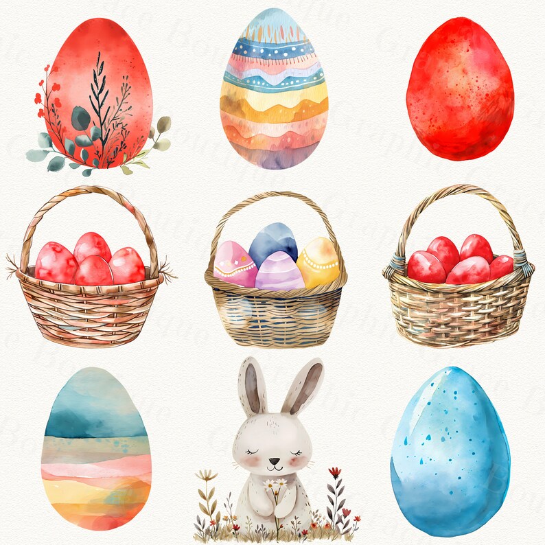 Watercolor Easter Bunny Clipart: Bunnies, Eggs, Baskets (instant ...