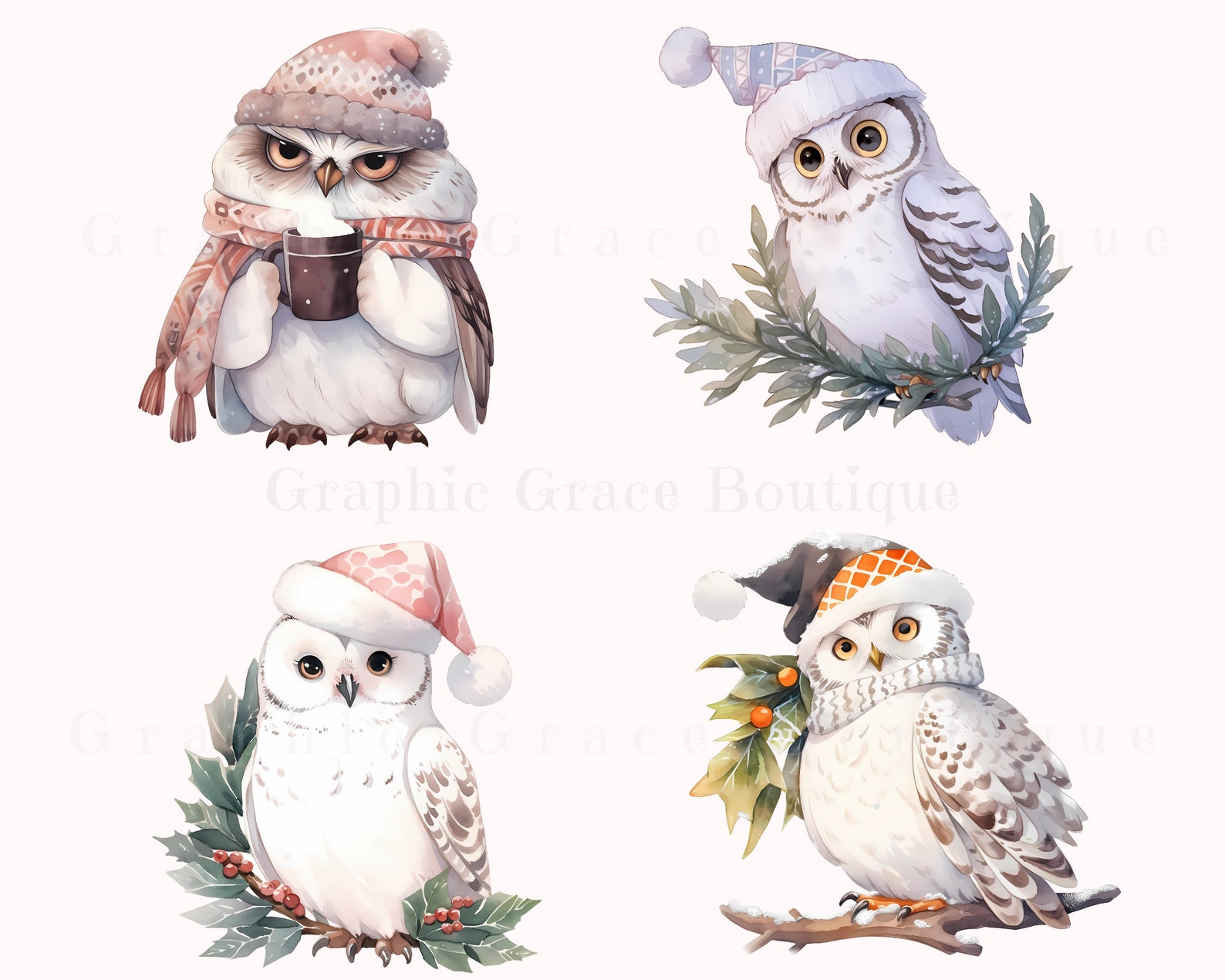 Watercolor Christmas White Owl Clipart Bundle: Cute Owls in Winter ...