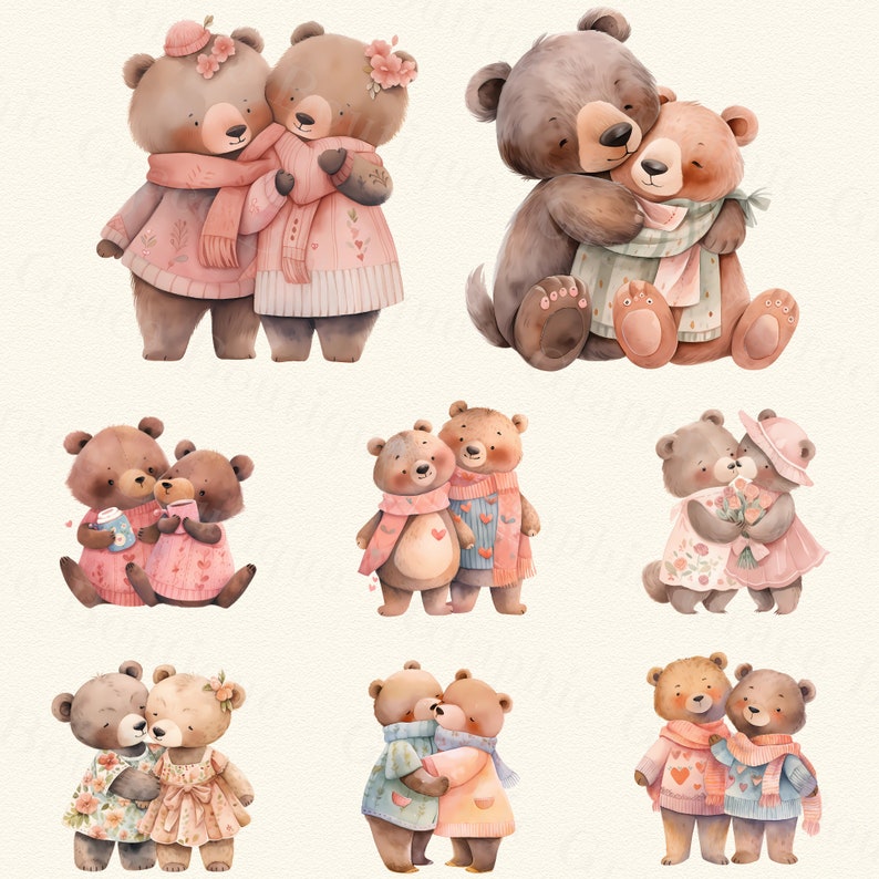 Watercolor Love Teddy Bear Couple Clipart Nursery Clipart - Etsy
