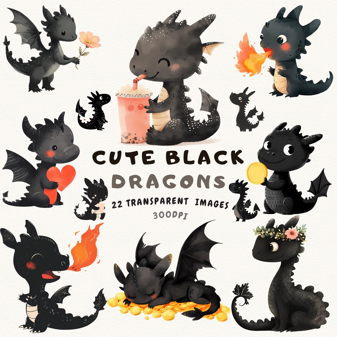 Cute Black Dragon Clipart Bundle, Digital Sticker Bundle, Baby Dragon ...