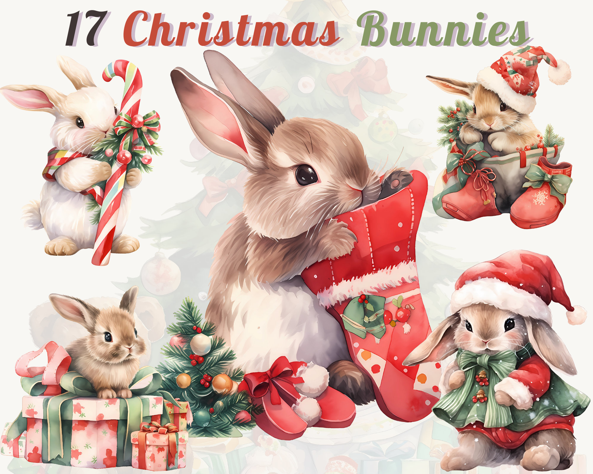 Watercolor Christmas Bunnies PNG Clipart Bundle Christmas Clipart ...