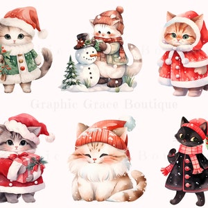 Watercolor Christmas Cat Clipart Bundle: Cute Cats in Winter Christmas ...