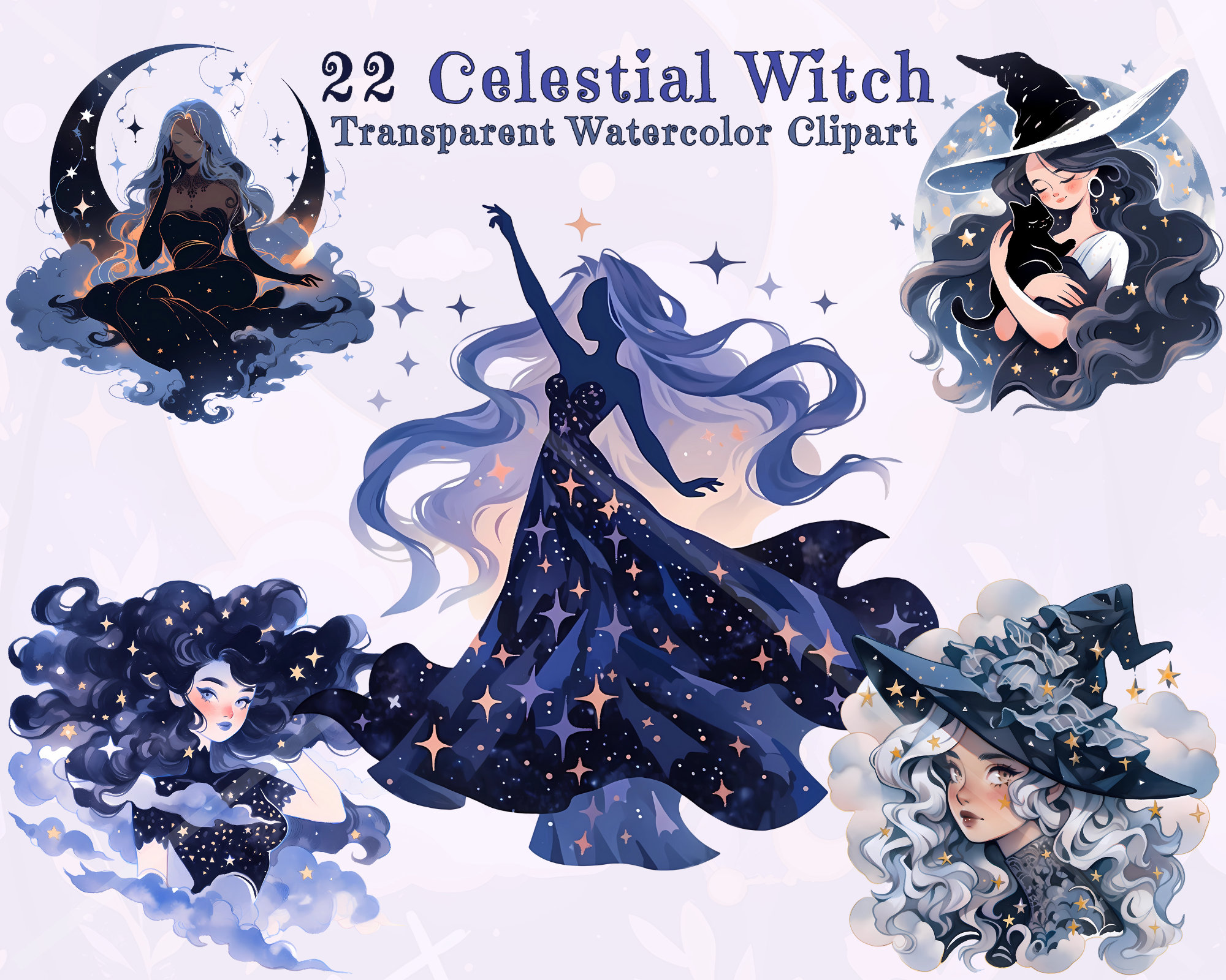 Celestial Witch Theme Clipart Bundle: Watercolor Witches, Celestial ...