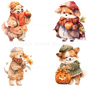 Watercolor Autumn Dogs Clipart: Cute Dogs in Fall Outfits, Cozy Autumn ...