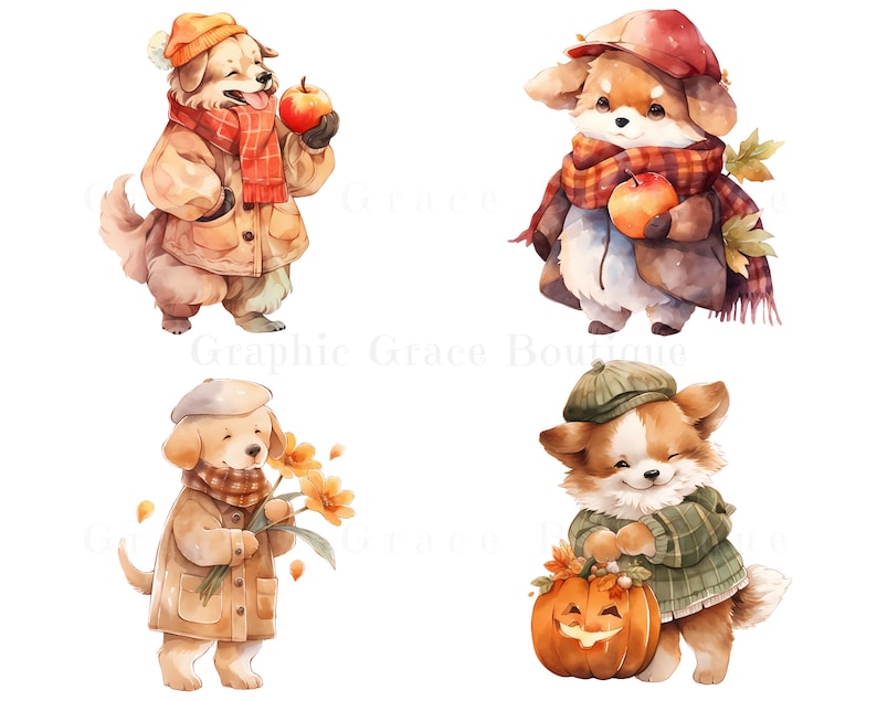 Watercolor Autumn Dogs Clipart: Cute Dogs in Fall Outfits - Etsy