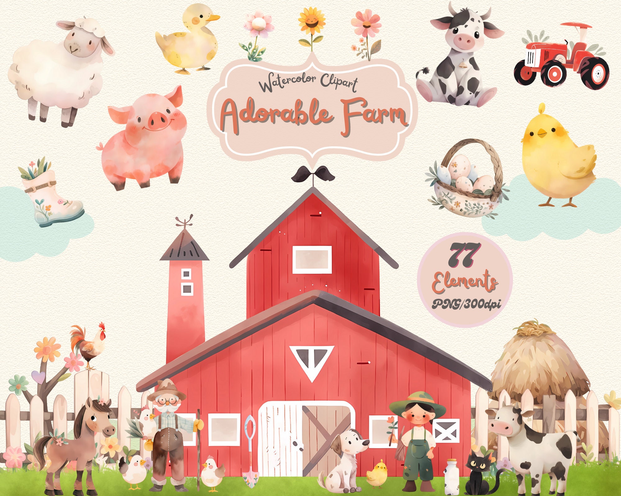 Watercolor Adorable Farm Clipart, Farm Animals Watercolor Digital ...