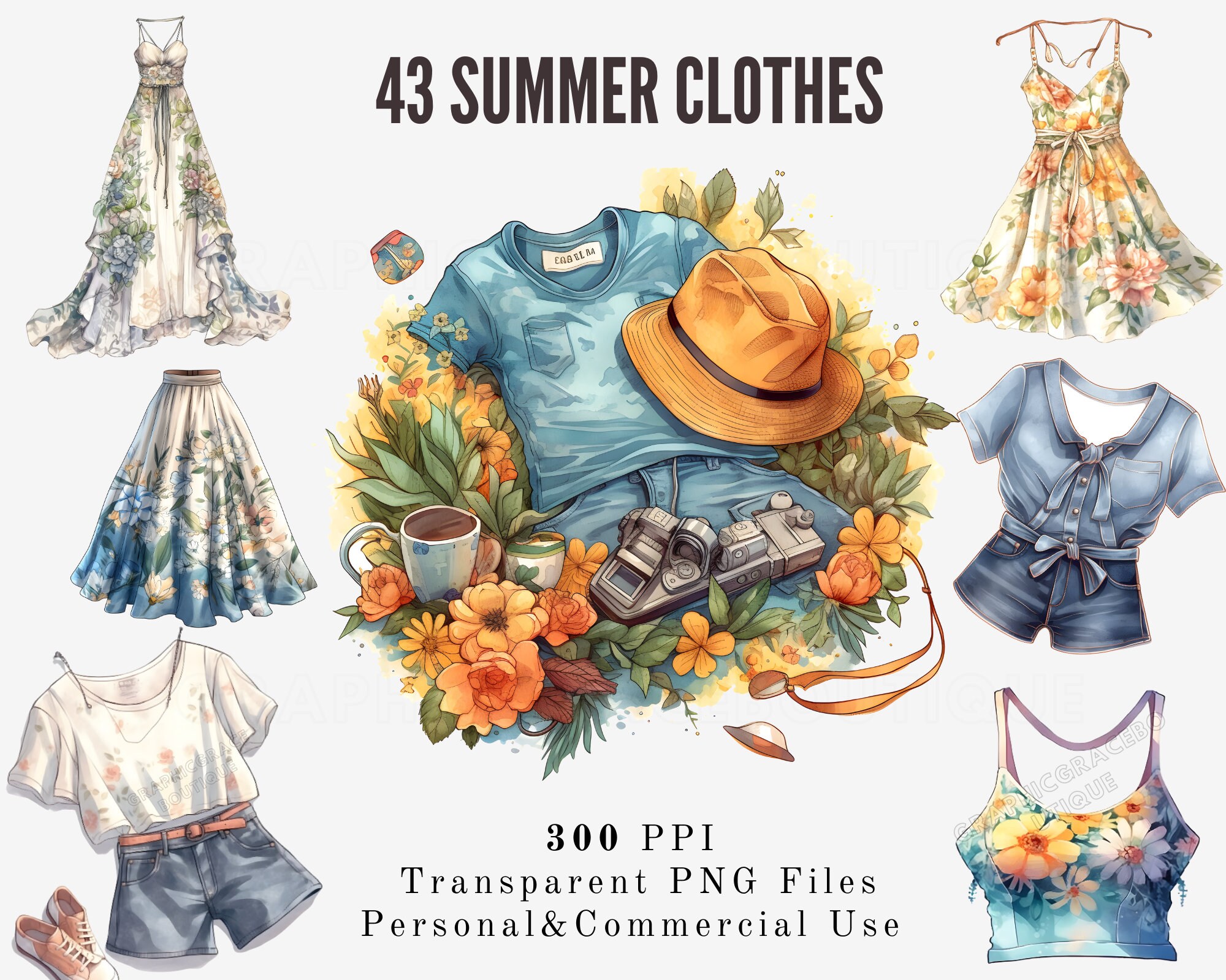 Summer Clothes Watercolor Digital Clipart Bundle PNG Images - Etsy