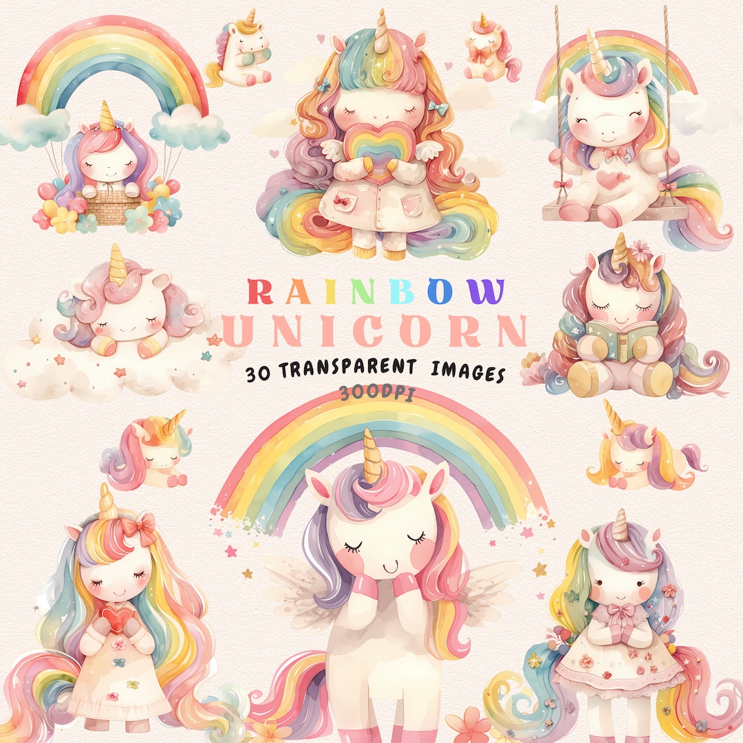 Adorable Watercolor Rainbow Unicorn Clipart Set - 30 Cute Unicorns ...