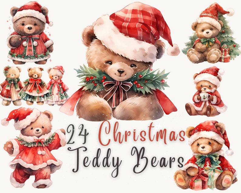 Watercolor Christmas Teddy Bear Clipart Bundle: Teddy Bears in Winter ...