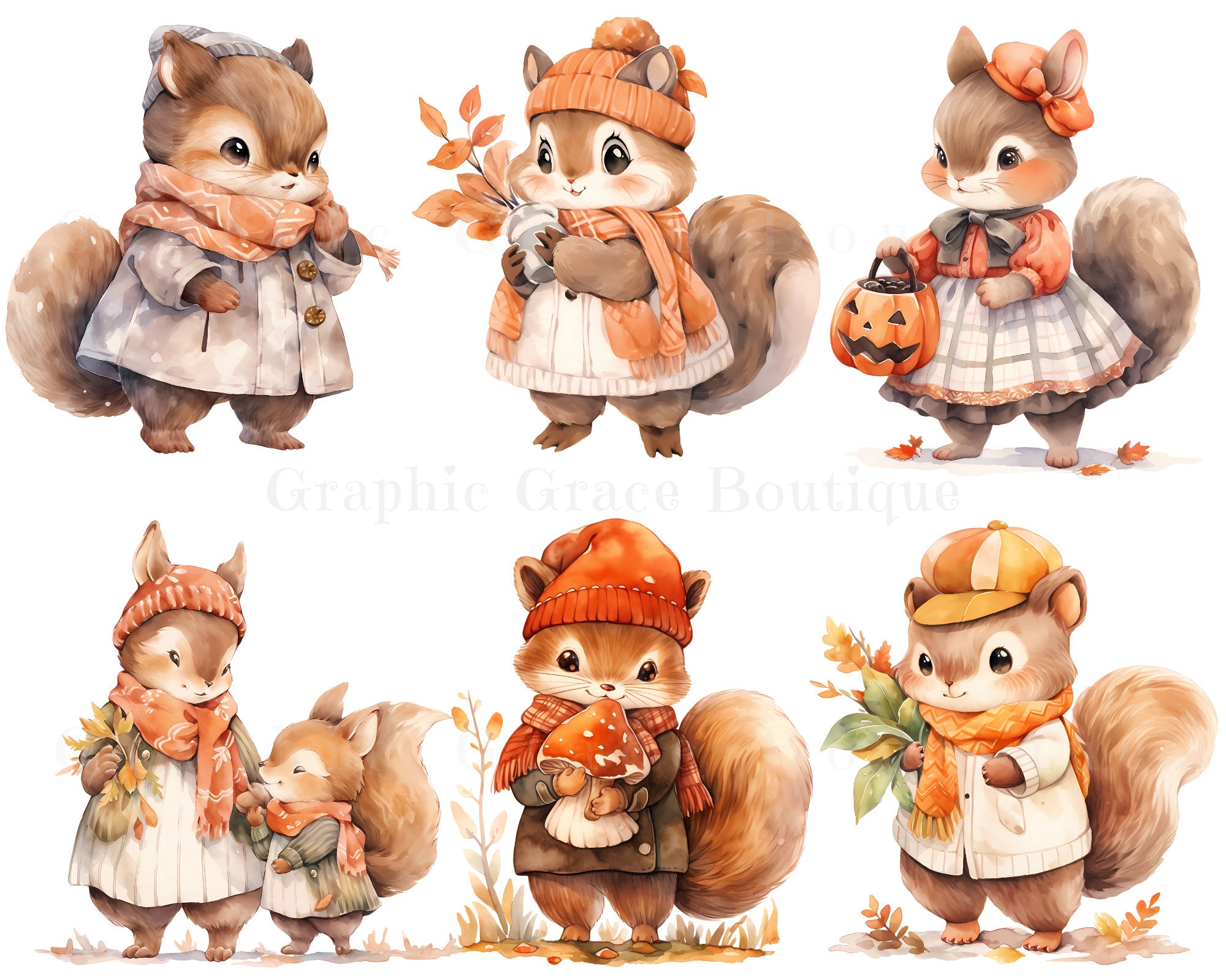 Autumn Squirrel Clipart Bundle: Watercolor Fall Designs (PNG) - Etsy